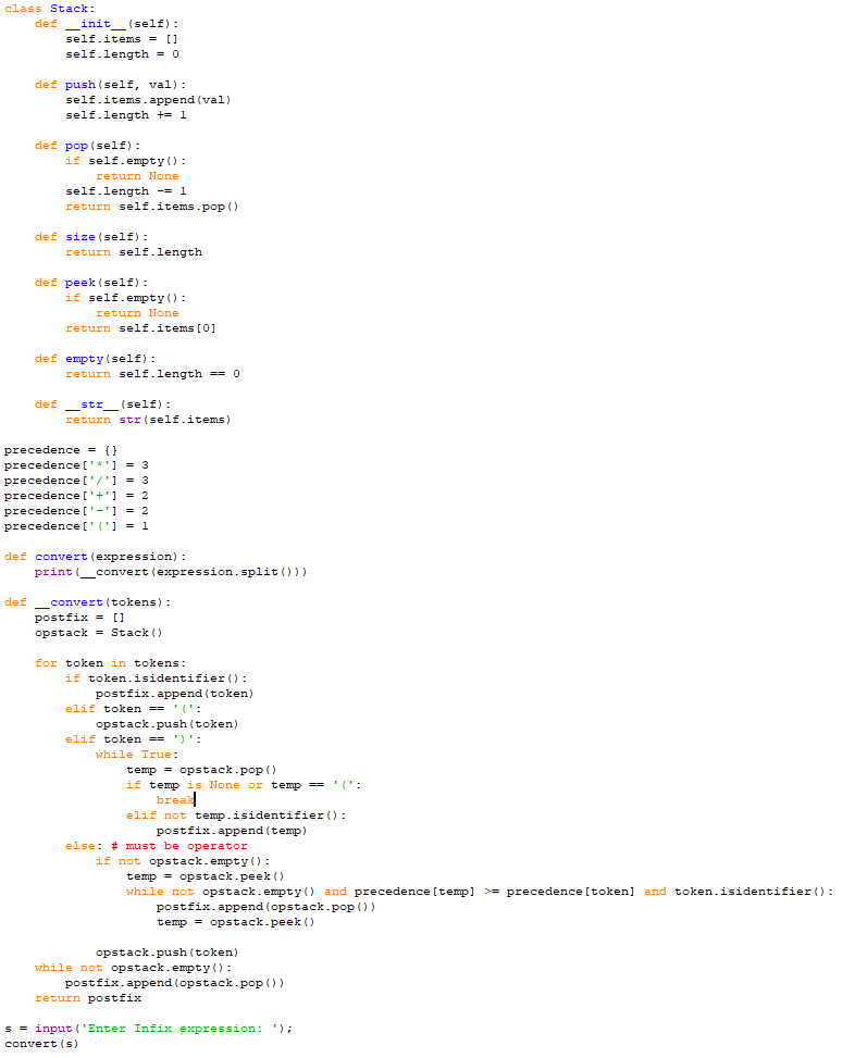 Solved Pyhton 3. Based on the given code of Infix to | Chegg.com