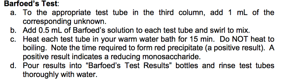 Solved Barfoed's Test: a. To the appropriate test tube in | Chegg.com