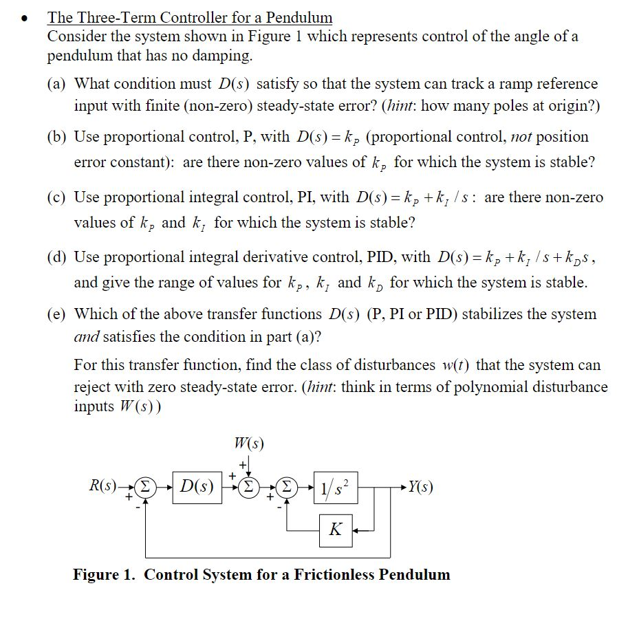 Solved . The Three-Term Controller for a Pendulum Consider | Chegg.com