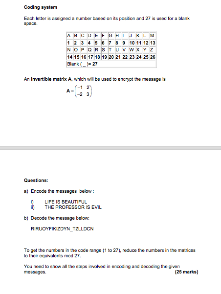 Solved Coding system Each letter is assigned a number based | Chegg.com