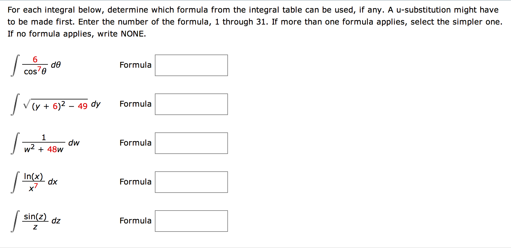 For each integral below, determine which formula from | Chegg.com