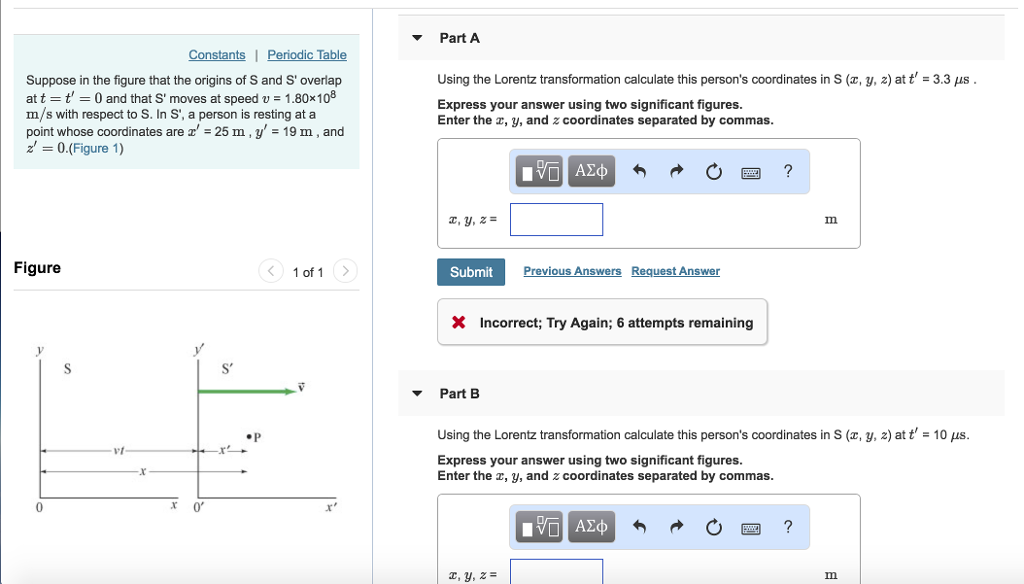 Solved Part A Using the Lorentz transformation calculate | Chegg.com