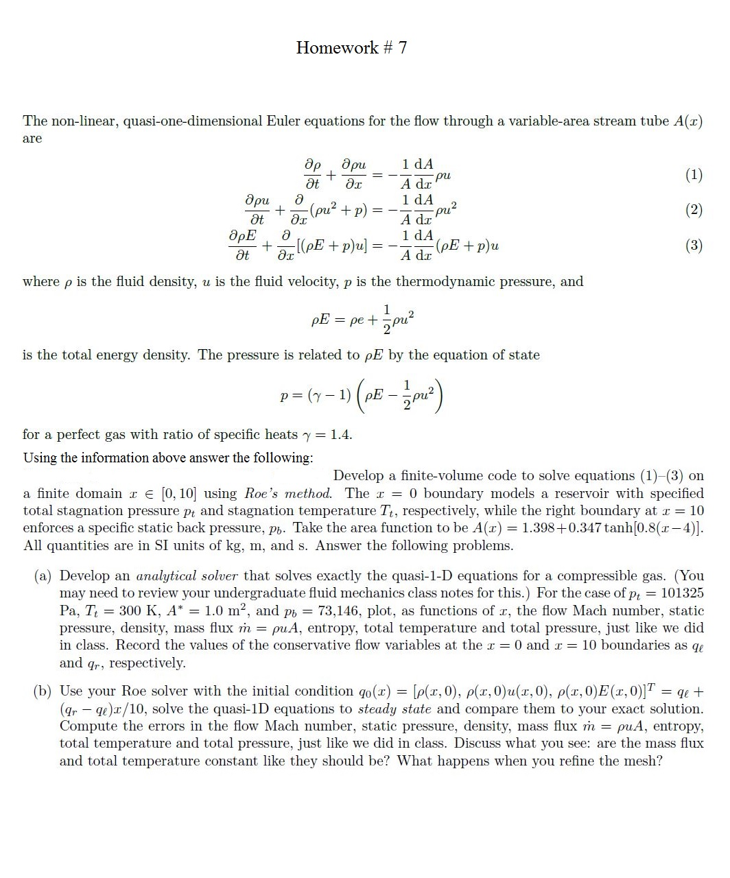 The non-linear, quasi-one-dimensional Euler equations | Chegg.com