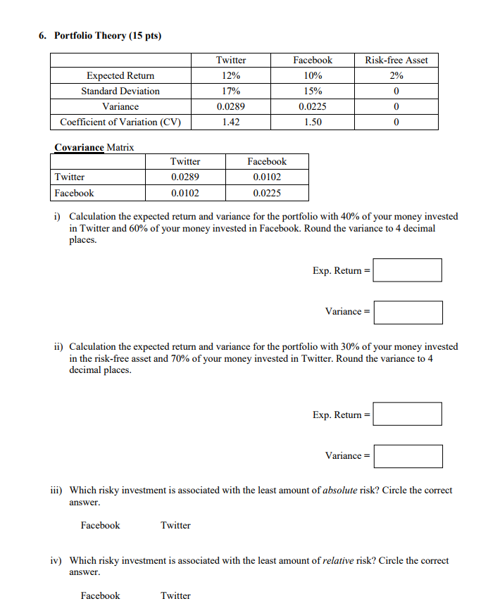 Solved 6. Portfolio Theory (15 pts) Expected Return Standard | Chegg.com