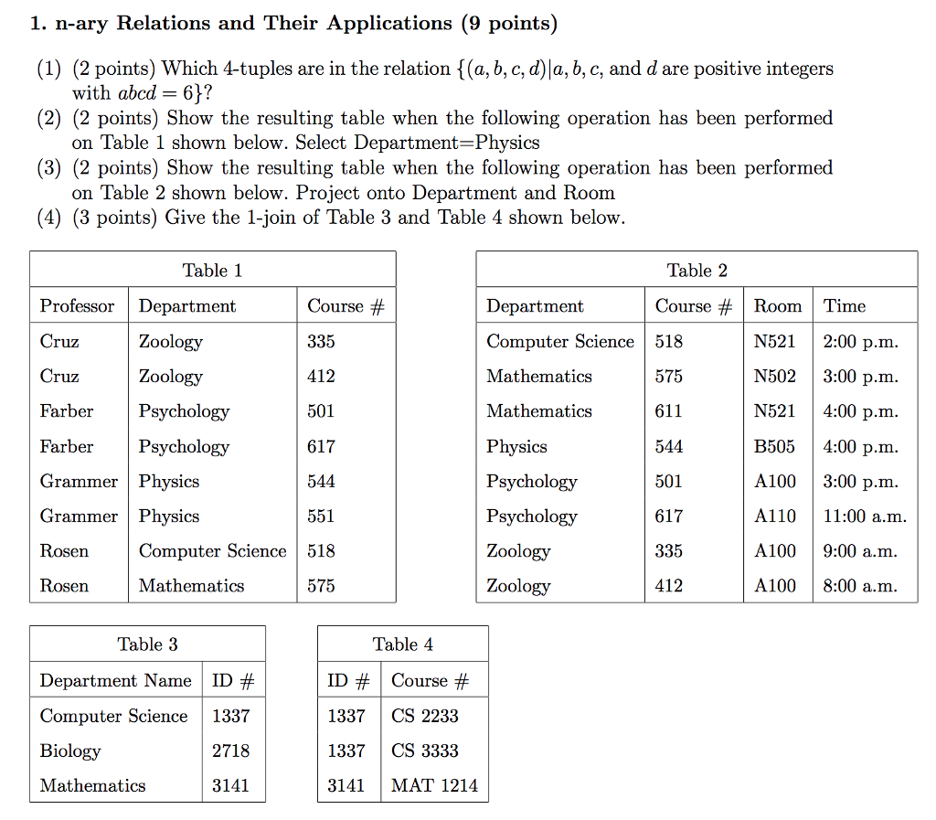 Solved 1. n-ary Relations and Their Applications (9 points) | Chegg.com