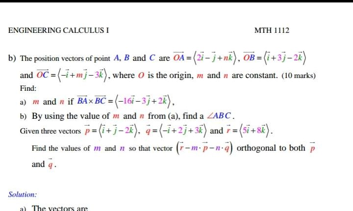 Solved The Position Vectors Of Point A B And C Are Oa
