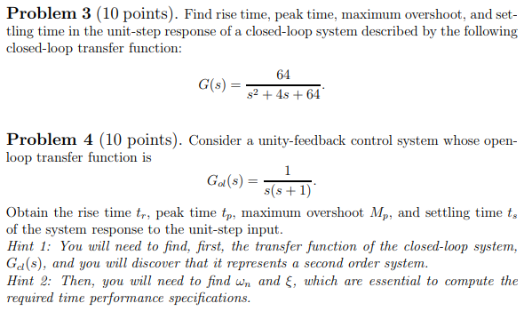 Solved Problem 3 (10 points). Find rise time, peak time, | Chegg.com