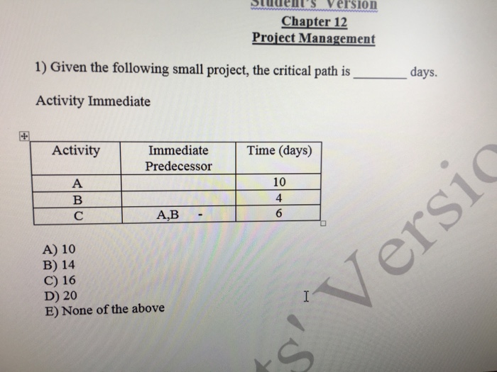 Solved Chapter 12 Project Management 1) Given the following | Chegg.com