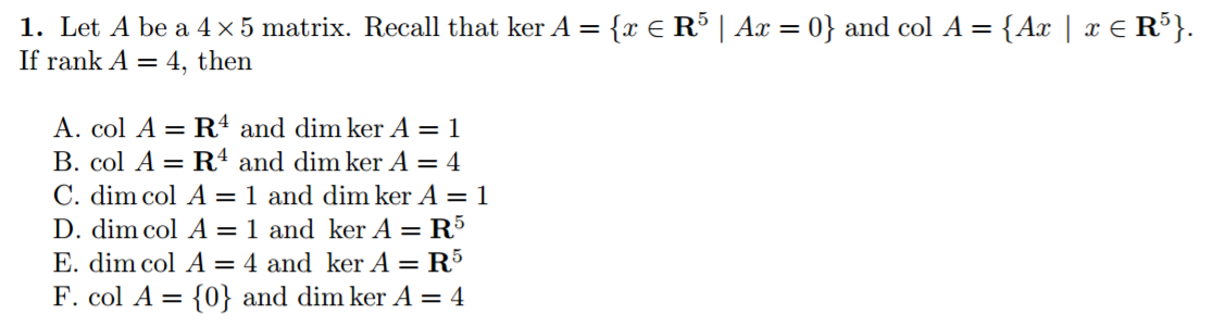 Solved Let A be a 4 times 5 matrix. Recall that ker A = {x | Chegg.com
