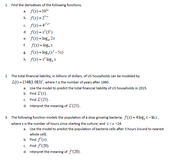 Solved 1. Find the derivatives of the following functions. | Chegg.com
