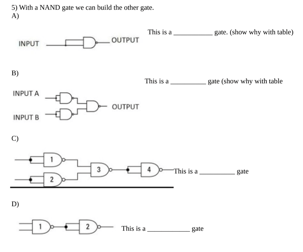 Solved 5) With a NAND gate we can build the other gate. A) | Chegg.com