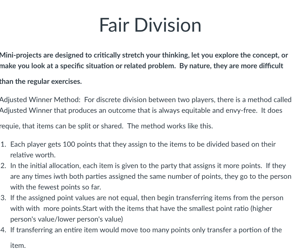 Solved Fair Division Mini-projects are designed to | Chegg.com
