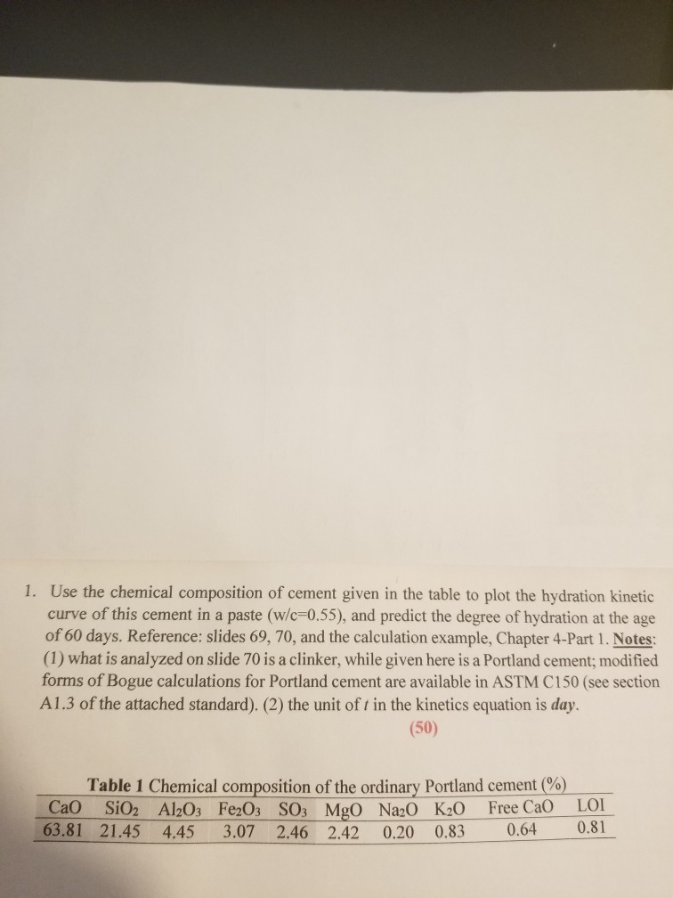 1. Use the chemical composition of cement given in | Chegg.com