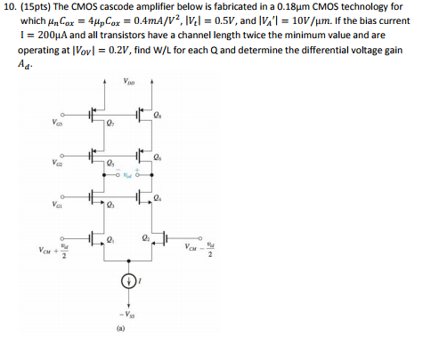 Solved The CMOS cascode amplifier below is fabricated in a | Chegg.com