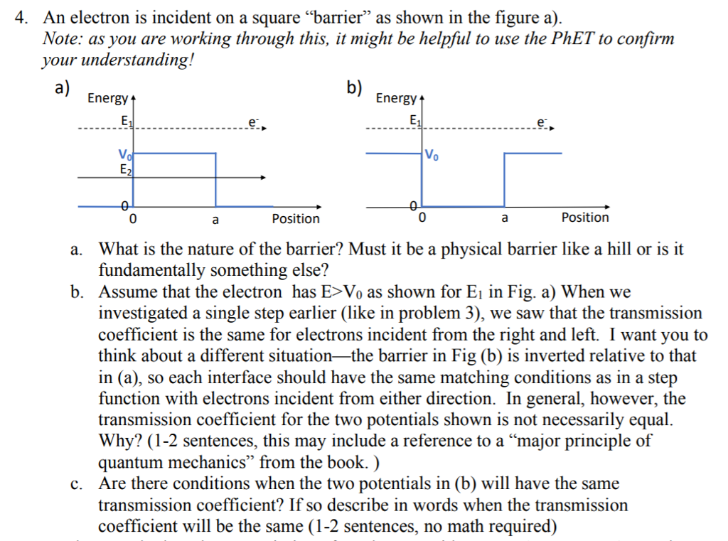 Solved 4. An electron is incident on a square "barrier" as | Chegg.com