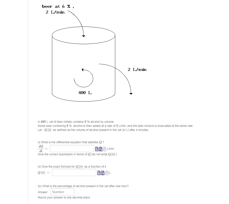 Solved beer at 6 % , 2 L/min 2 L/min 400 L A 400 L vat of | Chegg.com