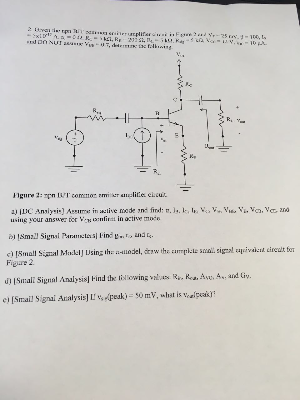 Solved Give the npn BJT common emitter amplifier circuit in | Chegg.com