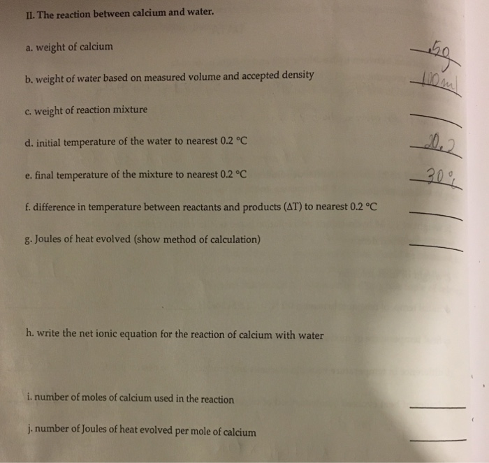 Solved Heat of Reaction Between Calcium and Water. calcium | Chegg.com