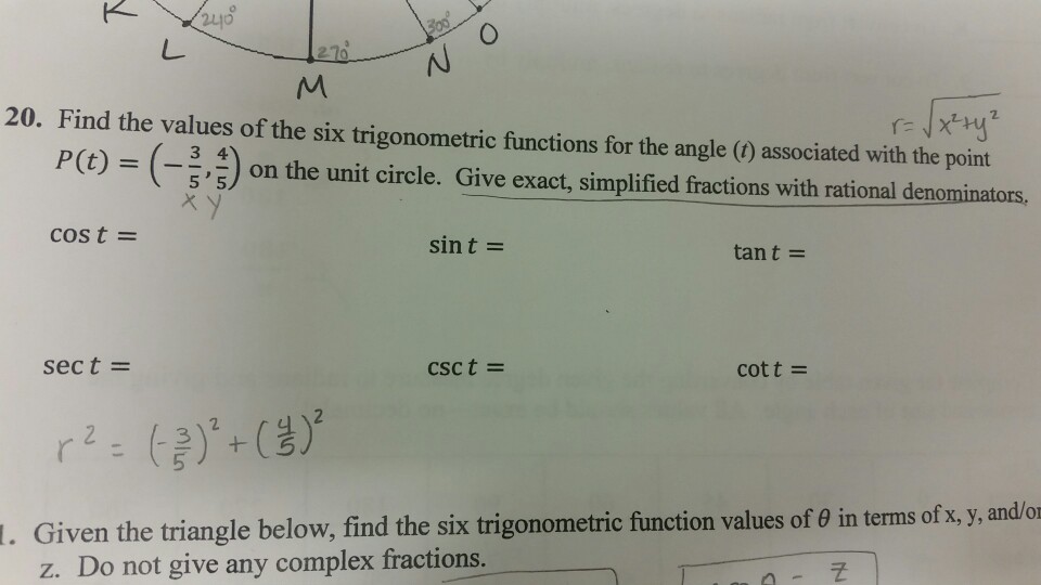 Solved 20. Find the values of the six trigonometric | Chegg.com
