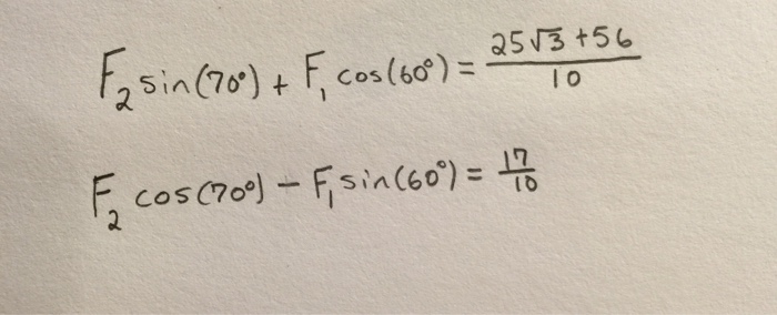 Solved Solve for F1 and F2? F_2 sin(70 degree) + F_1 cos(60 | Chegg.com