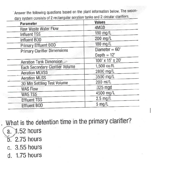 Solved What is the detention time in the primary | Chegg.com