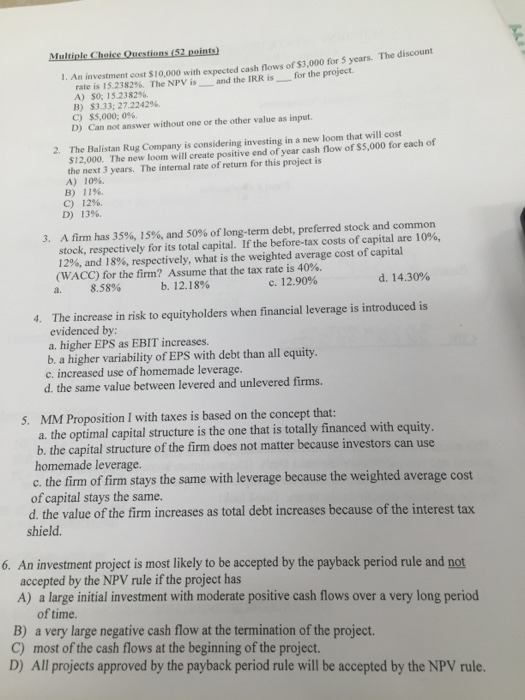 Solved Multiple Choice Questions (52 points) for year I. An | Chegg.com