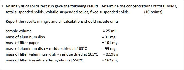 Solved An analysis of solids test run gave the following | Chegg.com