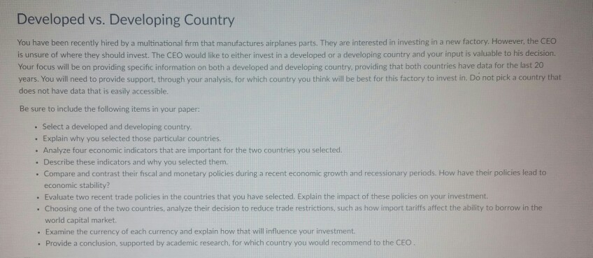 Solved Developed vs. Developing Country You have been | Chegg.com