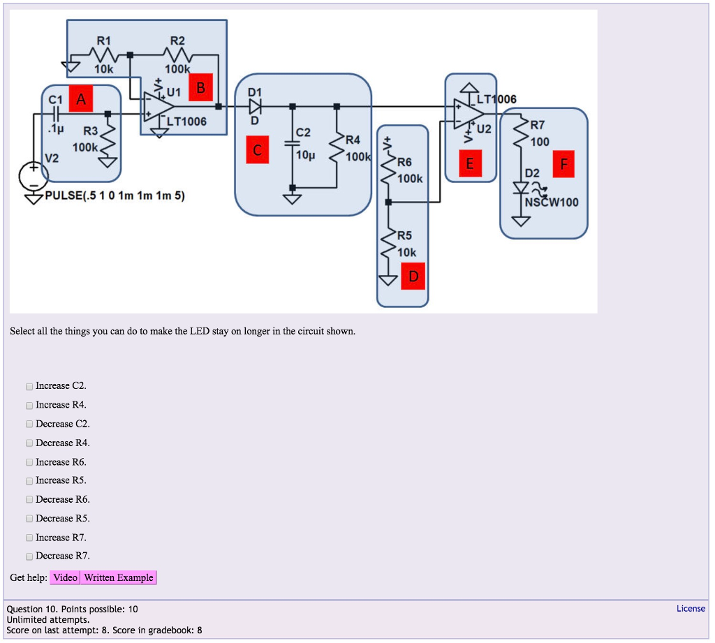 Solved R1 R2 10k 100 D1 C1 A .1? R3 V2 LT1006 LT1006 R7 100 | Chegg.com