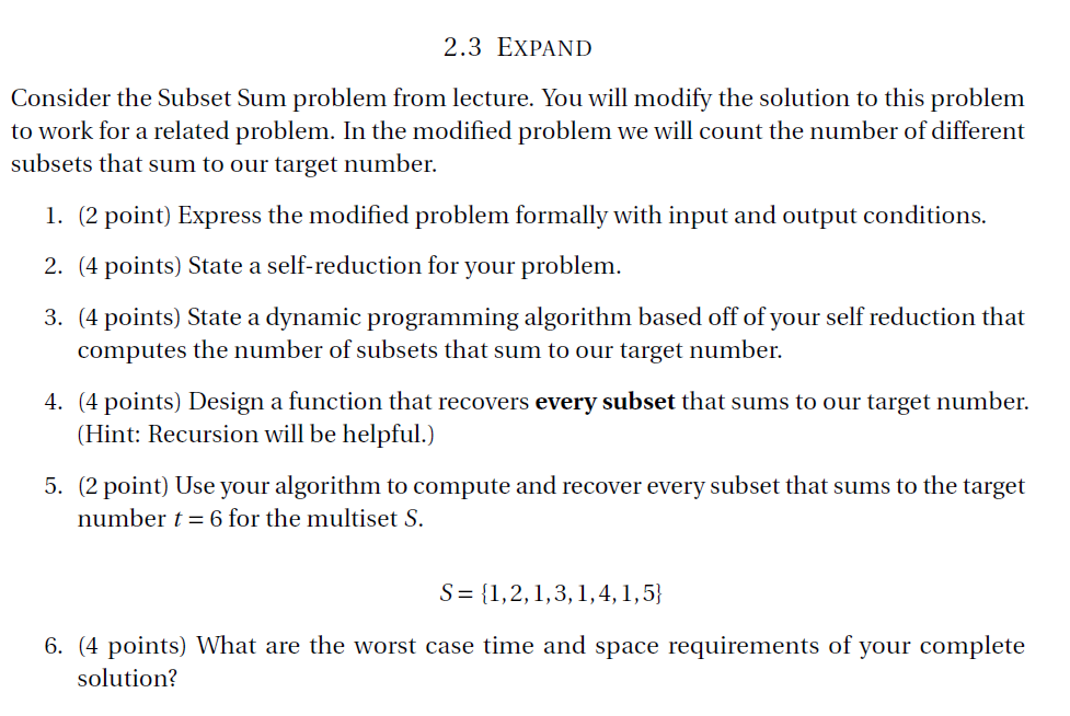 2.3 EXPAND Consider the Subset Sum problem from | Chegg.com