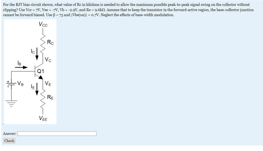 Solved For the BJT bias circuit shown, what value of Rc in | Chegg.com