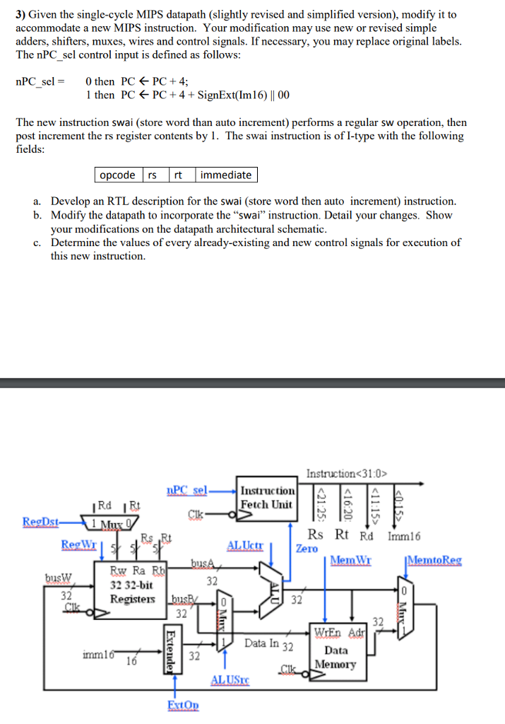 Solved 3) Given the single-cycle MIPS datapath (slightly | Chegg.com