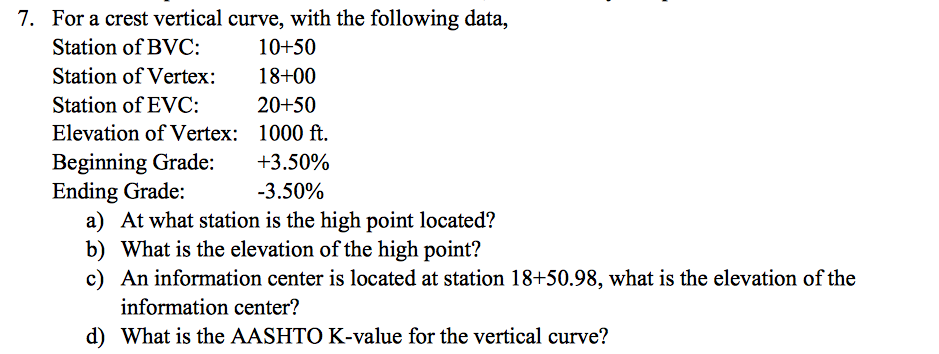 Solved For a crest vertical curve, with the following data, | Chegg.com