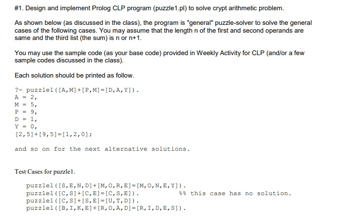 #1 Design and implement Prolog CLP program (puzzle | Chegg.com