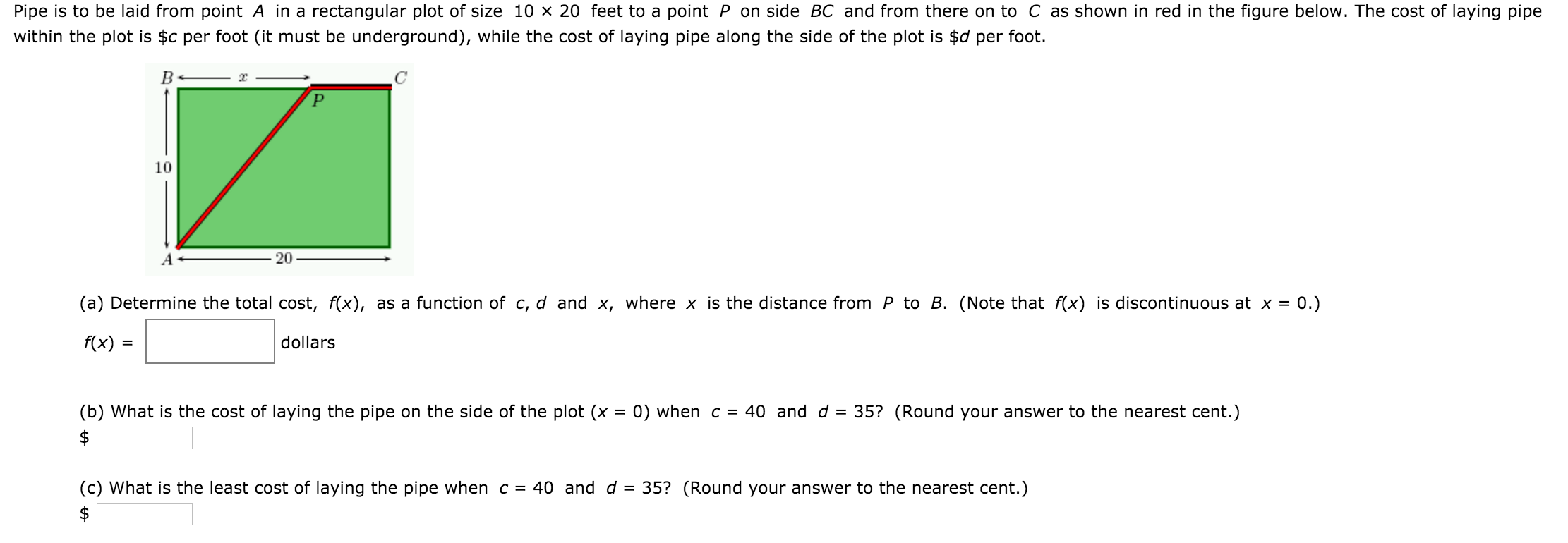 Solved Pipe is to be laid from point A in a rectangular plot | Chegg.com