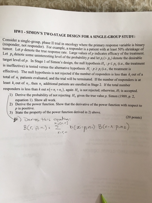 HW1 - SIMON'S TWO-STAGE DESIGN FOR A SINGLE-GROUP | Chegg.com