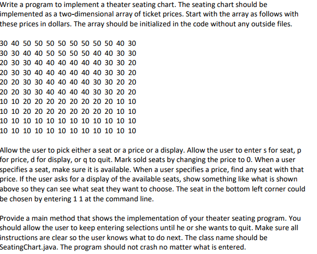 Solved Write a program to implement a theater seating chart. | Chegg.com