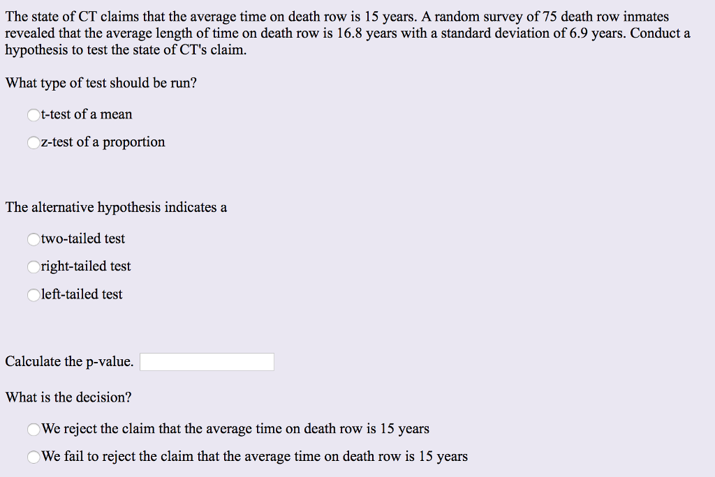 Solved The state of CT claims that the average time on death | Chegg.com