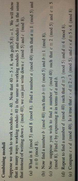 Combining moduli Suppose we wish to work modulo n = | Chegg.com