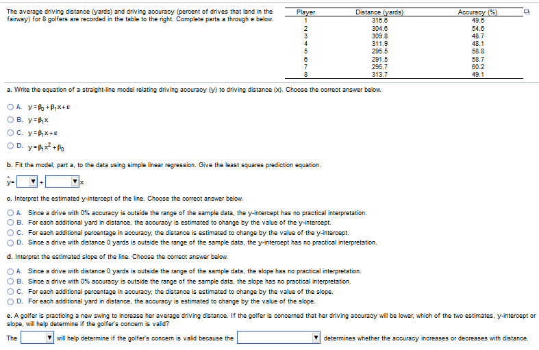 Solved The average driving distance yards and driving | Chegg.com