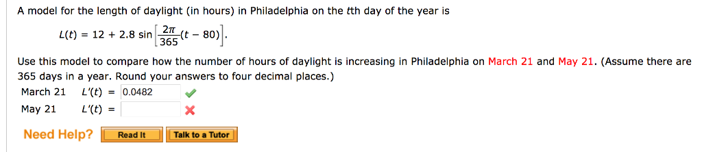 Solved A model for the length of daylight (in hours) in | Chegg.com