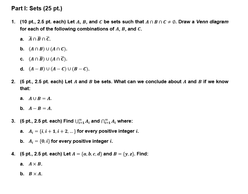 Solved Part I: Sets (25 pt.) 1. o. Draw a Venn diagram (10 | Chegg.com