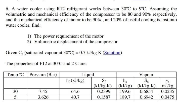 Solved 6. A water cooler using R12 refrigerant works between | Chegg.com