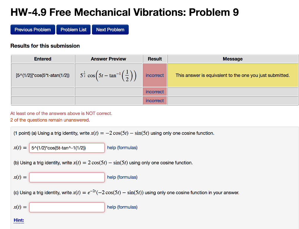 Solved HW-4.9 Free Mechanical Vibrations: Problem 9 Previous | Chegg.com