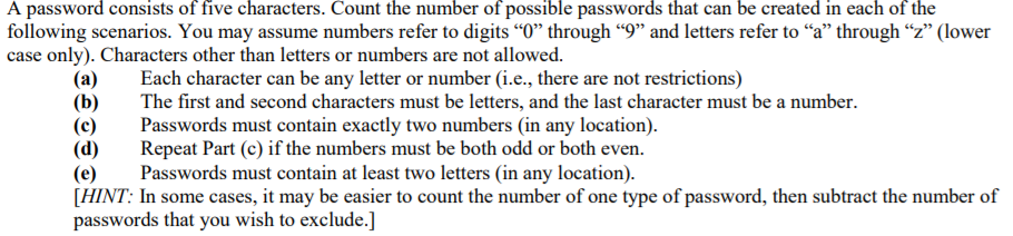 Solved A password consists of five characters. Count the | Chegg.com