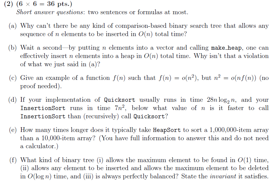 Solved Short answer questions: two sentences or formulas at | Chegg.com