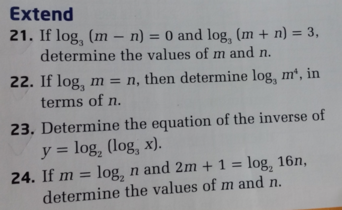 Solved If log_3 (m - n) = 0 and log_3 (m + n) = 3, determine | Chegg.com