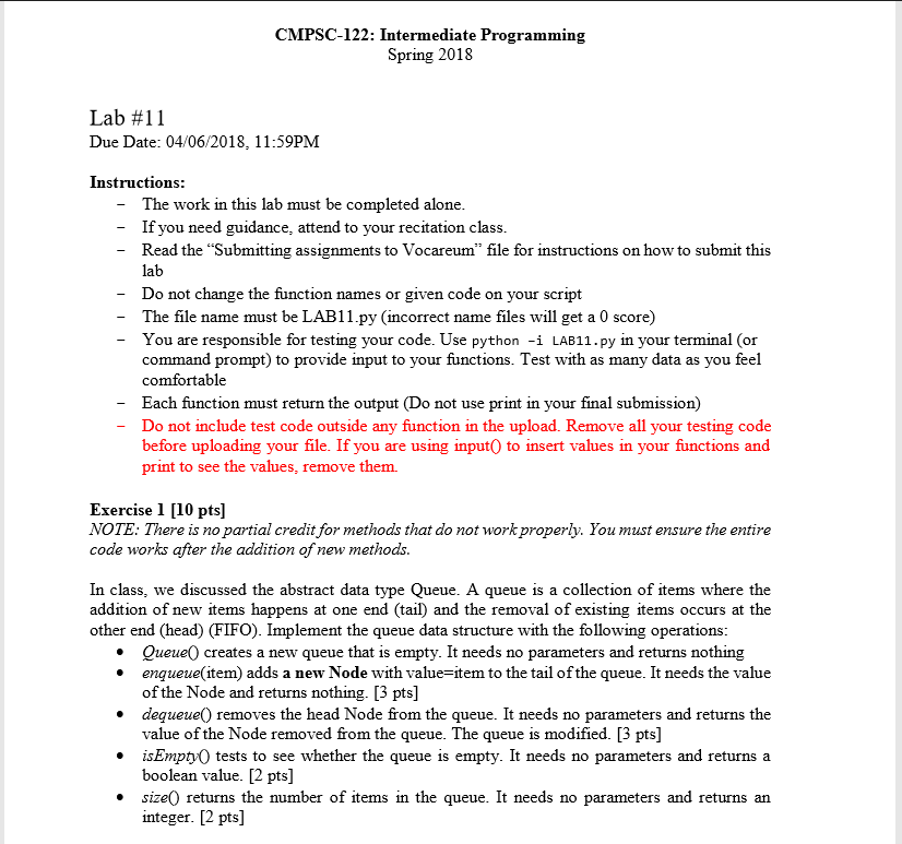 Solved CMPSC-122: Intermediate Programming Spring 2018 Lab | Chegg.com