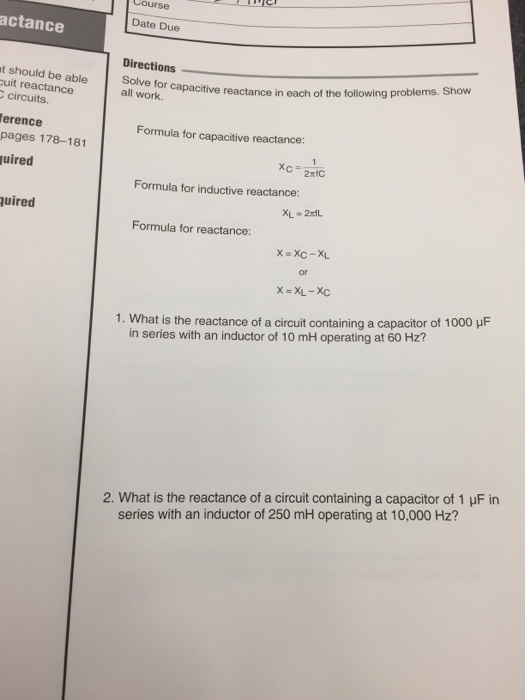 Solved Solve for capacitive reactance in each of the | Chegg.com