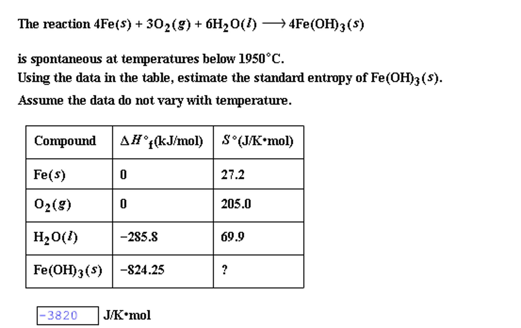 The reaction 4Fe(s) + 3O_2 g) + 6H_2O(l) rightarrow | Chegg.com